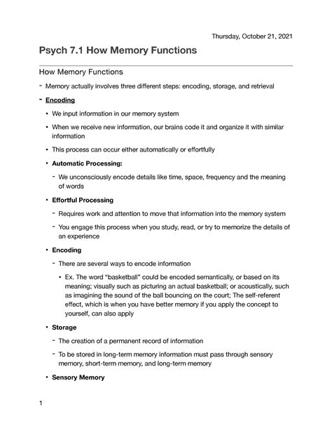 Psych How Memory Functions Thursday October Psych How Memory Functions How
