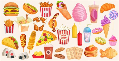 다양한 패스트푸드 세트 샌드위치 긴 감자 피자 타코 버리토 목화 사탕 핫도그 버거 케이크 아이스크림 색 바탕에 고립된 터 일러스트레이션 프리미엄 벡터
