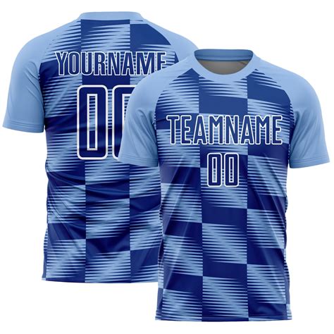2024 Custom Light Blue Royal White Lines Sublimation Soccer Uniform