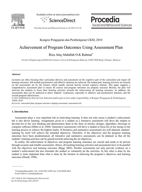 Pdf Achievement Of Program Outcomes Using Assessment Plan