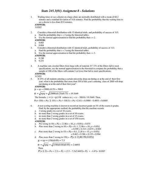 Stat 2453 Assignment 8 Solutions Waiting Times To See A Doctor At A Large Clinic Are Normally