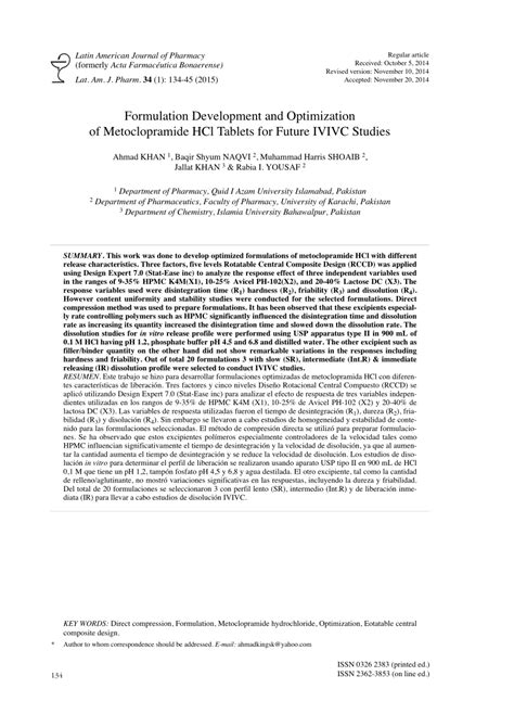 Pdf Formulation Development And Optimization Of Metoclopramide Hcl Tablets For Future Ivivc