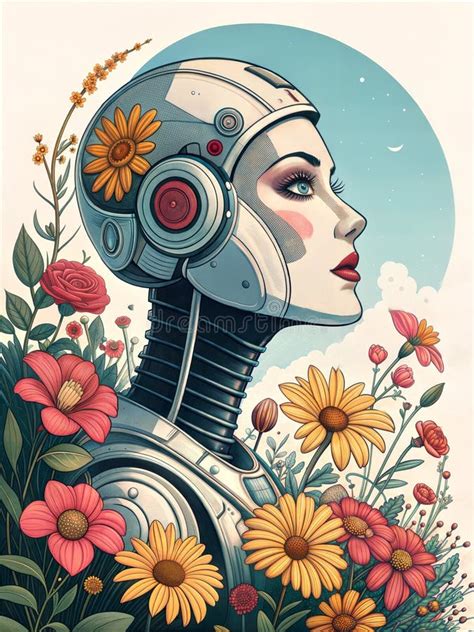 A Robots Journey Into Nature Cartoon Style Illustration Of Robots Surrounded By Colored