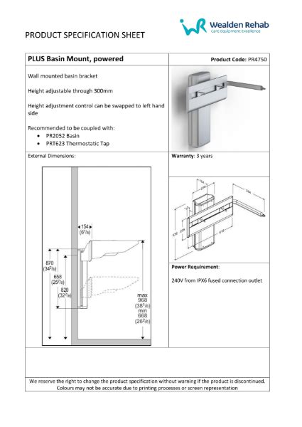 Plis Basin Mount Powered Product Specification Sheet Carespaces By Wealden Rehab Nbs Source
