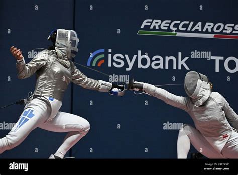 Misaki Emura Of Japan R Fights Against Despina Georgiadou Of Greece During The 2023 Fie