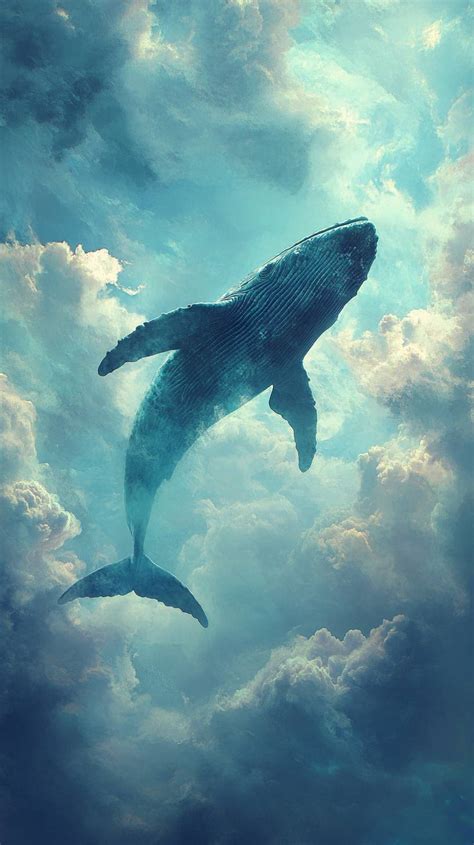 Giant Whale Swimming Through Clouds Surreal Style Soft Blues