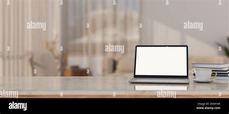 Luxury Workspace Tabletop With Notebook Laptop White Screen Mockup