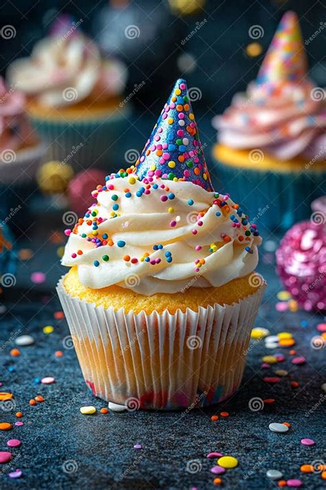 Festive Birthday Cupcake Topped With Blue Icing And Colorful Sprinkles