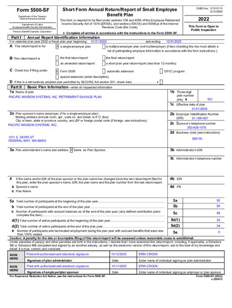 Form 5500 Sf Short Form Annual Return Blank Fillable Template Fill
