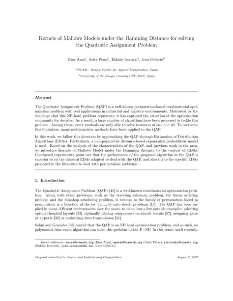 Pdf Kernels Of Mallows Models Under The Hamming Distance For Solving The Quadratic Assignment