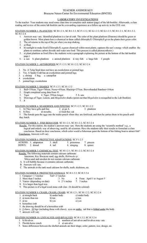 Teacher Answer Key Lab 9 Teacher Answer Key Biscayne Nature Center For Environmental Education