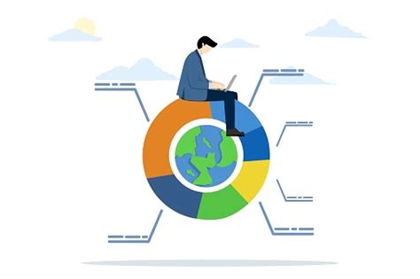 세계 금융 또는 경제 개념 글로벌 포트폴리오 자산 배분 세계 주식 시장 투자 국제 시장 점유율 파이 차트 세계 파이 차트에서 컴퓨터 노트북으로 작업하는 사업가 개발에 대한