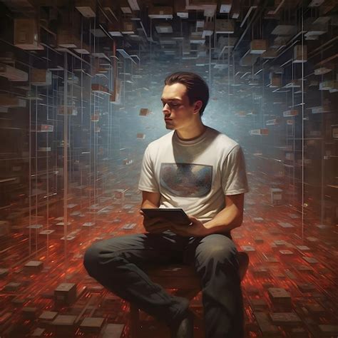 Premium Ai Image Young Man Sitting On A Chair In Front Of A Wall Of Binary Code