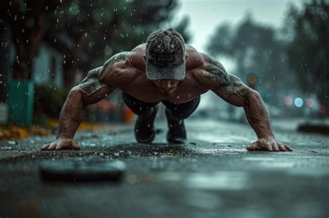 Premium Photo A Man Doing Push Ups In The Rain