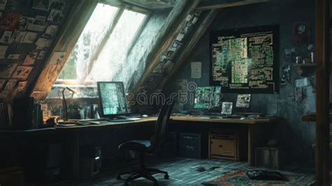 Modern Tech Workspace In Attic With Multiple Monitors And Digital