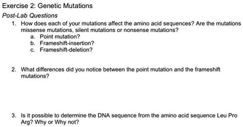 Exercise 2 Genetic Mutations Post Lab Questions How Does Each Of Your