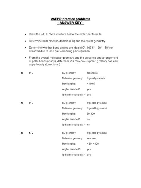 Determining Molecular Geometry And Polarity A Comprehensive Vsepr Practice Problem Key Pdf