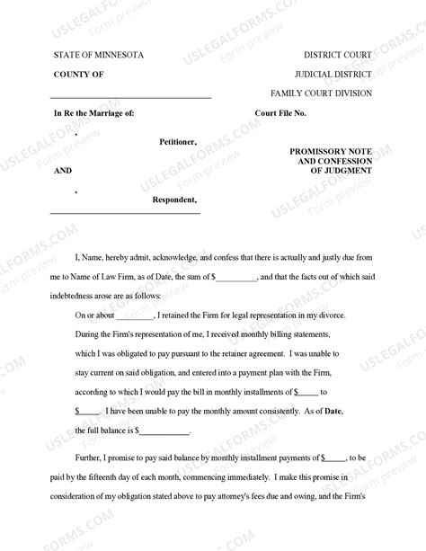Minnesota Promissory Note And Confession Of Judgment For Legal Fees