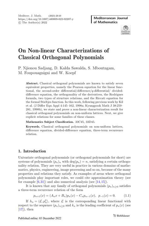 Pdf On Non Linear Characterizations Of Classical Orthogonal Polynomials