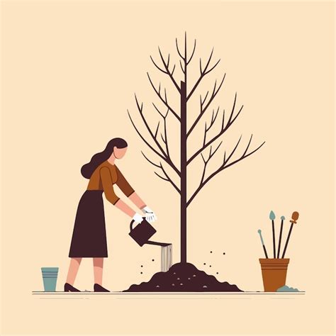 나무 를 심고 있는 여자 의 그림 은 단순 한 평평 한 디자인 스타일 이다 프리미엄 벡터