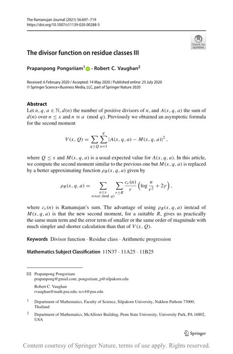 The Divisor Function On Residue Classes Iii Request Pdf
