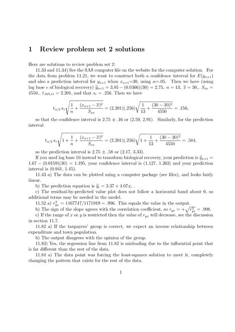 Solutions To Problem Set 11 In Statistics Confidence Intervals And Prediction Intervals