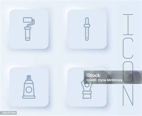 세트 라인 페인트 롤러 브러시 스포이드 색상 선택기 팔레트 페인트가 있는 튜브 및 만년필 펜촉 흰색 사각형 버튼입니다 벡터 공예에 대한 스톡 벡터 아트 및 기타 이미지