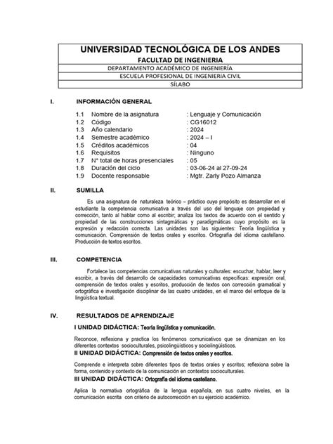 Syllabus Lenguaje Y Comunicacion Ing Civil Pdf Comunicación Ortografía