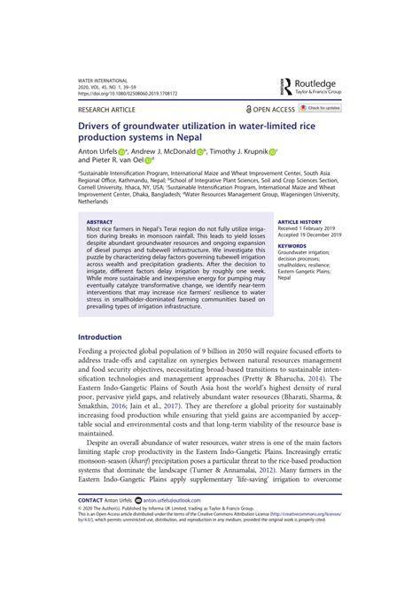 Pdf Drivers Of Groundwater Utilization In Water Limited Rice