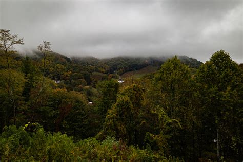 미국 노스캐롤라이나 주 매기 밸리 근처 나무 뒤의 산을 덮고 있는 안개 계곡에 대한 스톡 사진 및 기타 이미지 계곡 가을 경관 Istock