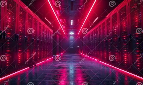 Modern Server Room With Data Flow Visualization And Complex Network Infrastructure Stock