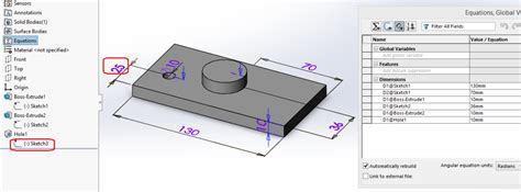 simple hole sketch dimensions in equation manager solidworks cad