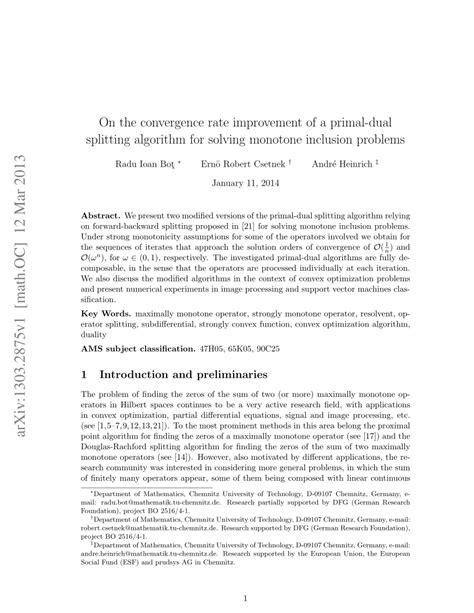 Pdf On The Convergence Rate Improvement Of A Primal Dual Splitting Algorithm For Solving