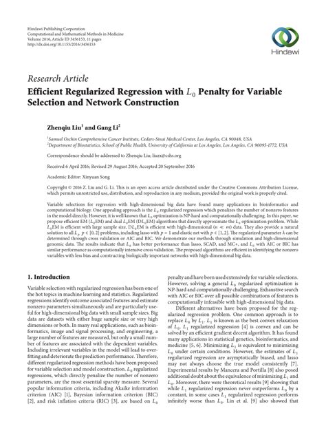 Pdf Efficient Regularized Regression With L 0 Penalty For Variable Selection And Network