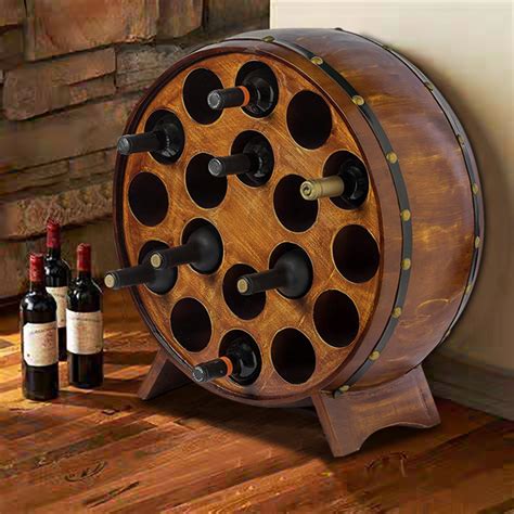 18 Bottles Vintage Wood Barrel Wine Rack Round Shaped Stackable Floor