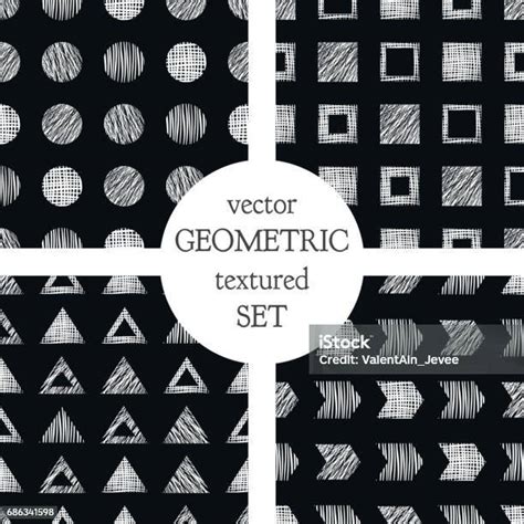원활한 벡터 기하학 패턴 삼각형 원형 사각형의 집합입니다 흑인과 백인 손으로 파스텔 끝 없는 배경 질감된 기하학적 그림 그려 그래픽 벡터 일러스트 레이 션 가리키기에 대한