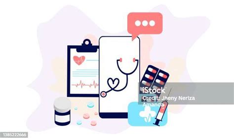 온라인 건강 텔레 의학 평면 일러스트 컴퓨터 연결 인터넷 클리닉의 휴대 전화 응용 프로그램을 통해 온라인 의료 상담 및 치료 온라인 문의 의사 상담 0명에 대한 스톡 벡터