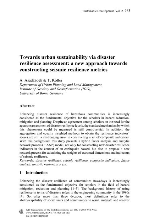 Pdf Towards Urban Sustainability Via Disaster Resilience Assessment A New Approach Towards