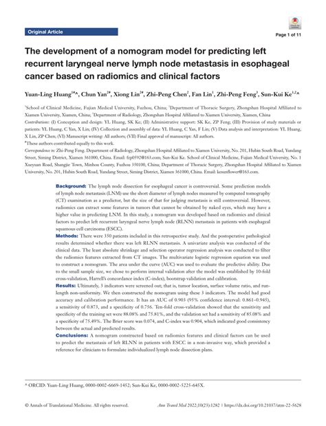 Pdf The Development Of A Nomogram Model For Predicting Left Recurrent Laryngeal Nerve Lymph