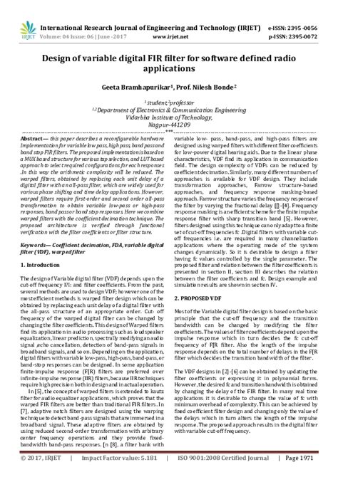 Pdf Design Of Variable Digital Fir Filter For Software Defined Radio Applications