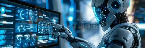 A Humanoid Robot Interacts With A Sleek Touchscreen Interface In A Futuristic Modern Setting