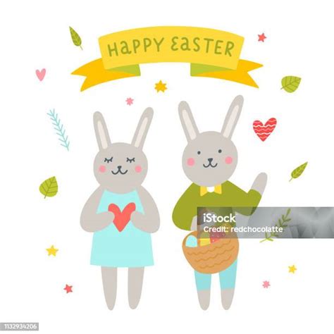 토끼의 커플 재미 있는 벡터 일러스트 레이 션입니다 화려한 달걀과 귀여운 토끼와 바구니와 부활절 휴일 그래픽 디자인 0명에 대한 스톡 벡터 아트 및 기타 이미지 Istock