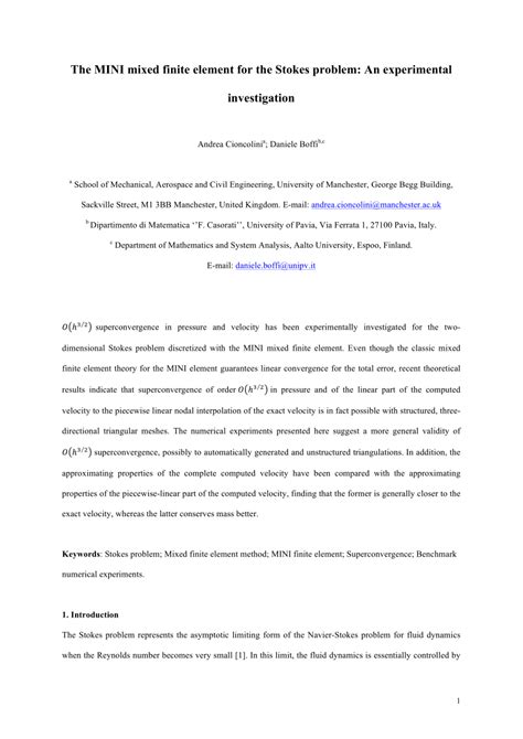 Pdf The Mini Mixed Finite Element For The Stokes Problem An Experimental Investigation