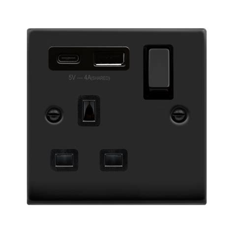 Click Deco Matt Black 1 Gang 13a Single Switched Socket With Type A And