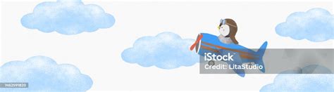 트래퍼 모자를 쓴 귀여운 펭귄이 프로펠러와 함께 파란색 비행기로 날아갑니다 푸른 구름이 있는 푸른 흰색 하늘 수채화 손으로 그린 요소 어린이 그림입니다 귀여운에 대한 스톡