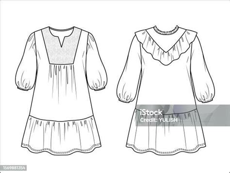 벡터 긴팔 드레스 기술 도면 레이스 디테일 패션 Cad가 있는 여성 미니 드레스 긴 소매 템플릿이 있는 드레스 스케치 스케치