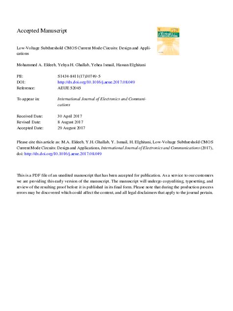 Pdf Low Voltage Subthreshold Cmos Current Mode Circuits Design And Applications