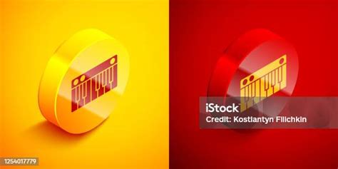 주황색과 빨간색 배경에 격리된 등산화 음악 신디사이저 아이콘입니다 전자 피아노 서클 버튼입니다 벡터 일러스트레이션 3차원 형태에 대한 스톡 벡터 아트 및 기타 이미지