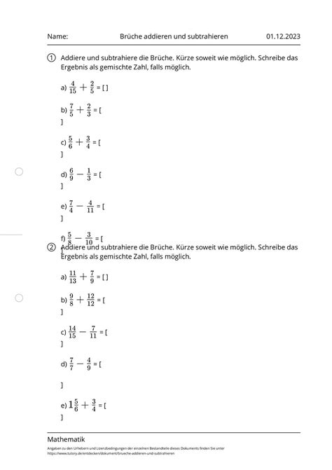 Arbeitsblatt Brüche Addieren Und Subtrahieren Mathematik Tutory De
