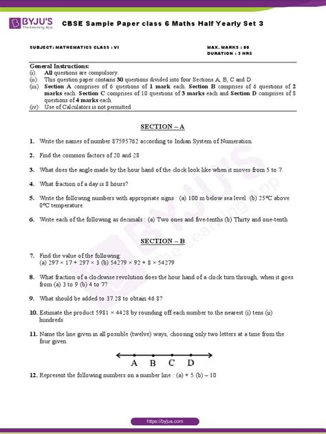 Cbse Class 6 Maths Half Yearly Sample Paper Set 3 Pdf Triangle Numbers